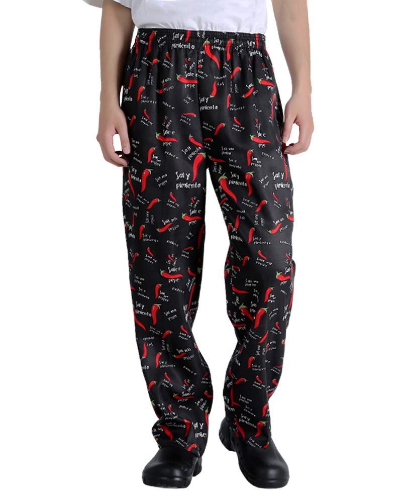 Men’s and Women's Baggy Printed Chef Pants Kitchen Uniforms with Elastic Waist Pants New Chili L