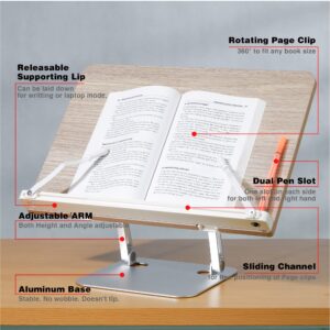 aSparkLiving Wooden Desktop Reading Writing Book Stand, Aluminum Base, Height and Angle Adjustable for Holding Cookbook, Recipe, Small Large Thick Heavy Books