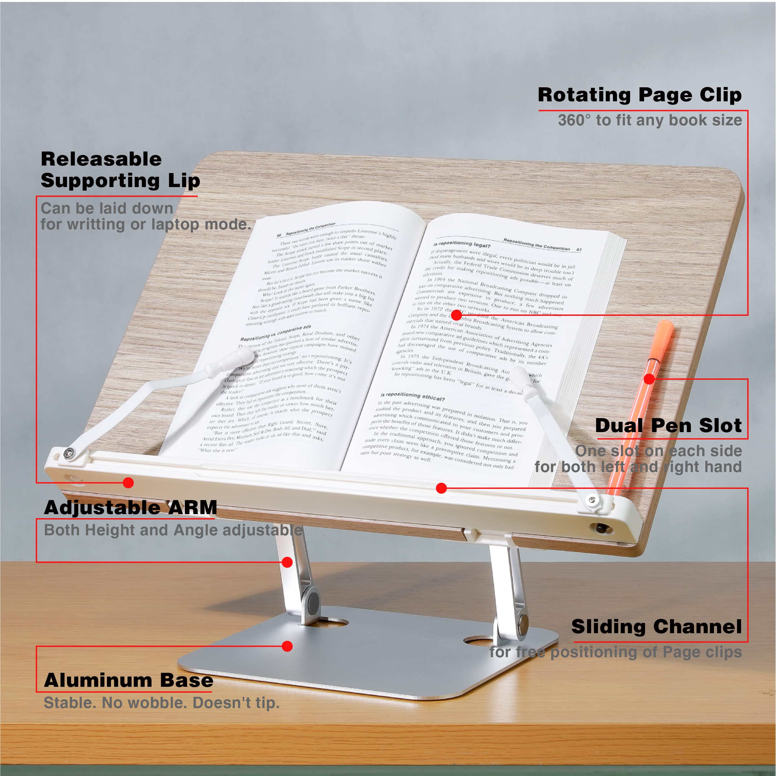 aSparkLiving Wooden Desktop Reading Writing Book Stand, Aluminum Base, Height and Angle Adjustable for Holding Cookbook, Recipe, Small Large Thick Heavy Books