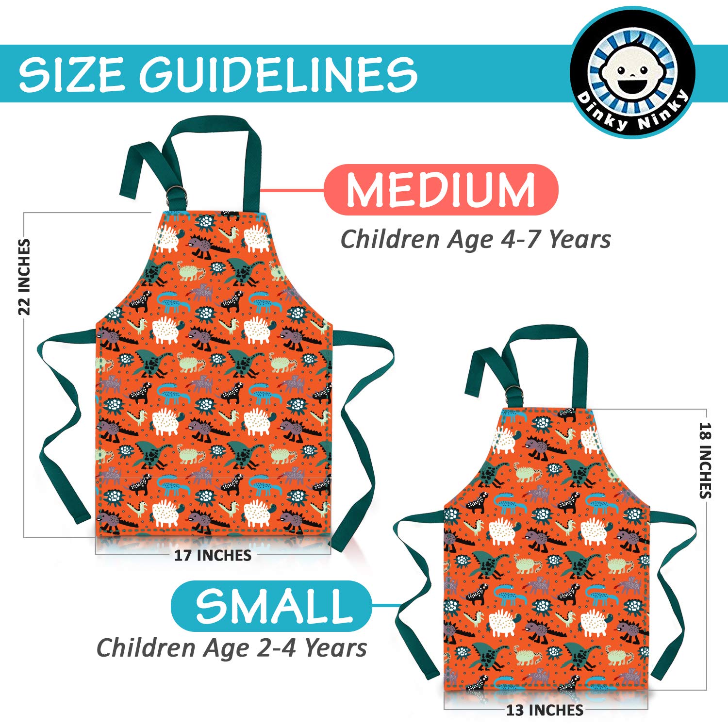 Dinky Ninky - Waterproof Toddler Apron with Dinosaur Print - Adjustable PVC Apron for Little Cooks & Artists, Ages 2-4, Easy-Clean Kitchen & Art Smock