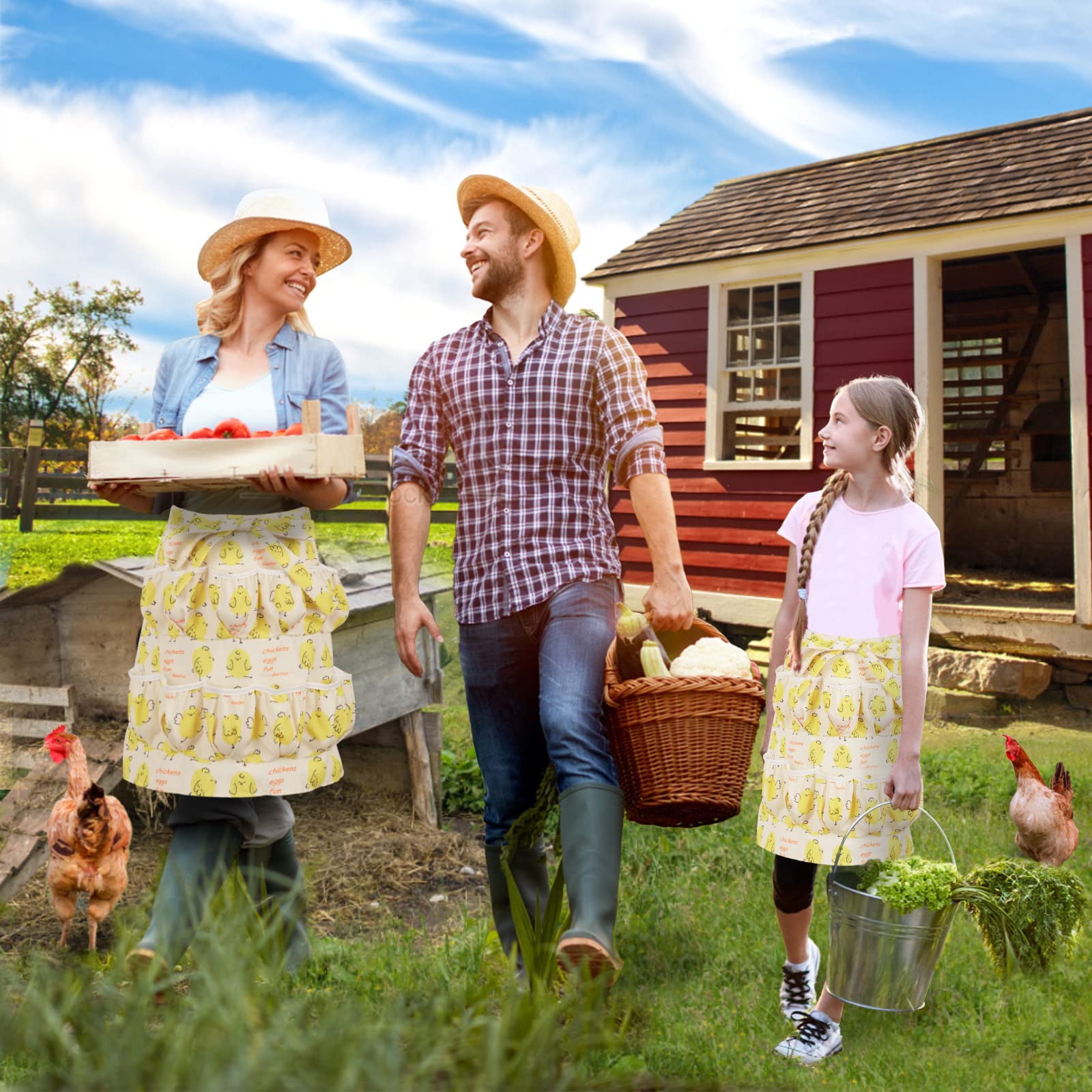 Gautsa Egg Apron for Kid and Adult, Deep Pockets with Elastic Closures, with Hook, Fresh Egg Collecting Gathering Holding Apron (yellow for adult)