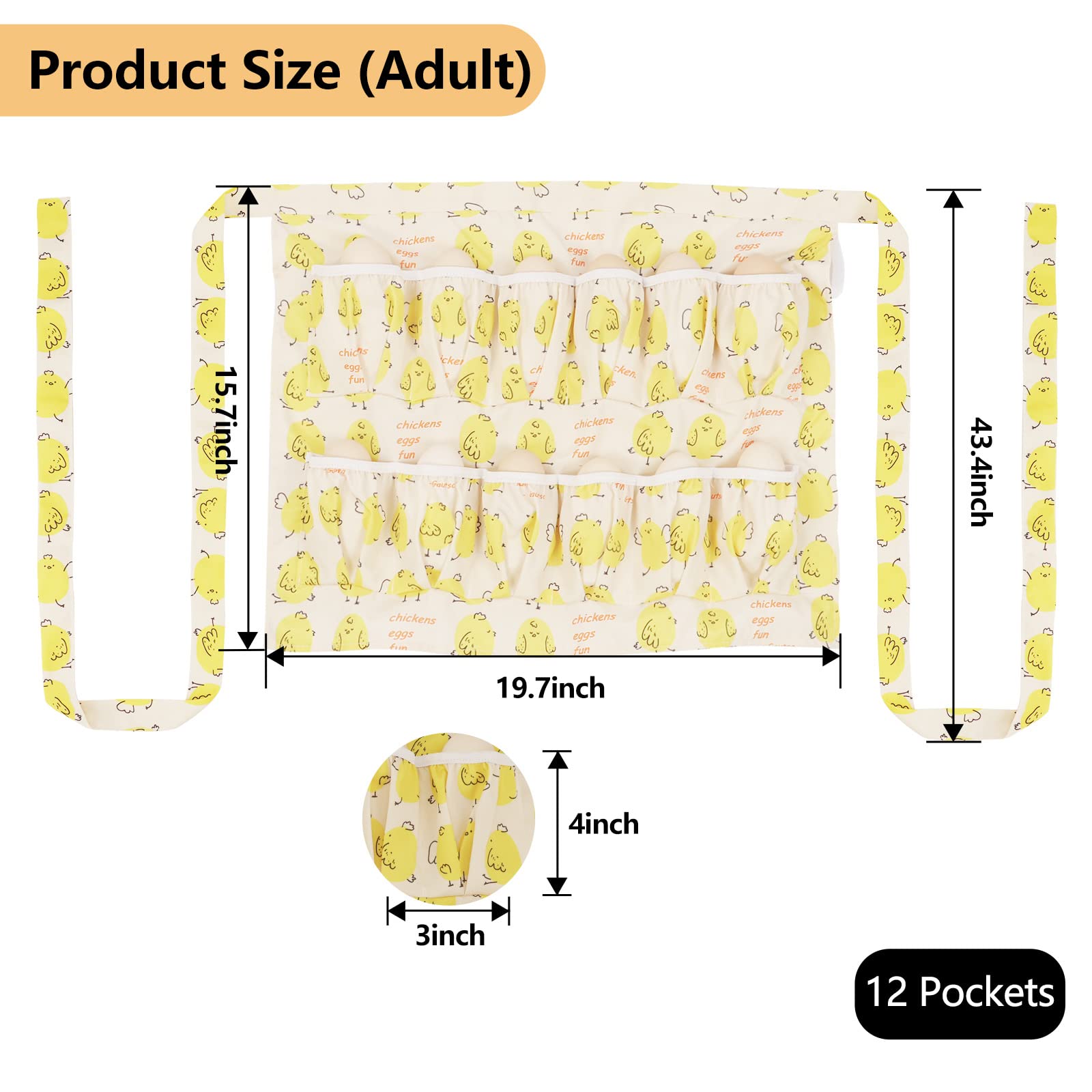 Gautsa Egg Apron for Kid and Adult, Deep Pockets with Elastic Closures, with Hook, Fresh Egg Collecting Gathering Holding Apron (yellow for adult)