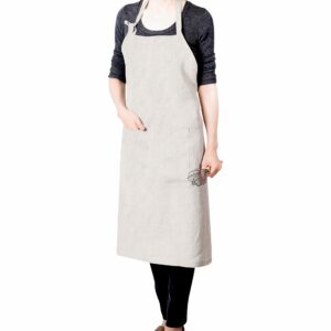 LK PureLife Stonewashed 100% French Linen Apron-Adjustable with Pockets for Women Men-Natural Linen