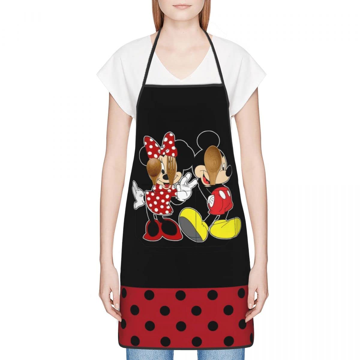 EVWKL Anime Printing Polka Dot Apron Funny Cooking Chef Cartoon Characters Aprons Adjustable Cute Apron with Pockets for Home Kitchen(black)