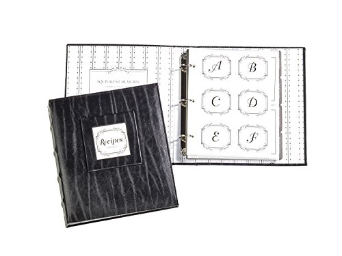 C.R. Gibson Bonded 3 Ring Recipe Book with Tabbed Dividers and Sheet Protectors, 8.94'' x 9.38'', Black Leather