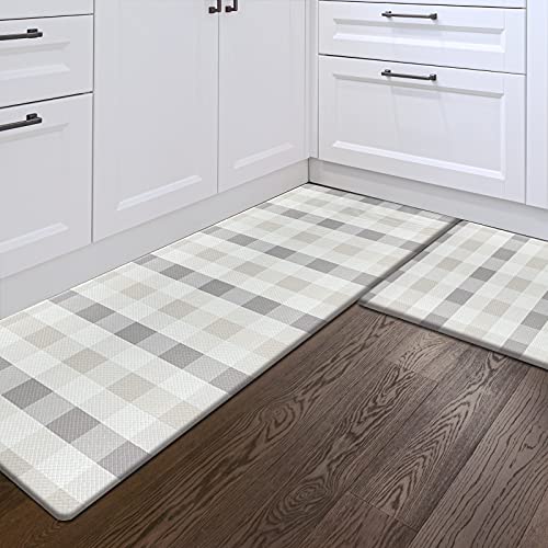 Sunlit Set of 2 Anti Fatigue Kitchen Floor Mat, Non Slip Waterproof Comfort Standing Mat, 0.4Inch Thick Cushioned Farmhouse Kitchen Rug Runner, Buffalo Plaid(Size:17"x28"&17"x47")