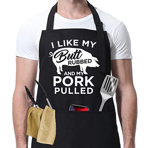 Miracu Funny Cooking Aprons for Men, Mens Grilling BBQ Aprons with Pockets - I Like My Butt Rubbed & My Pork Pulled - Fathers Day, Birthday Gifts for Men, Husband, Boyfriend, Guy, Dad, Friends, Him