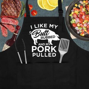 Miracu Funny Cooking Aprons for Men, Mens Grilling BBQ Aprons with Pockets - I Like My Butt Rubbed & My Pork Pulled - Fathers Day, Birthday Gifts for Men, Husband, Boyfriend, Guy, Dad, Friends, Him