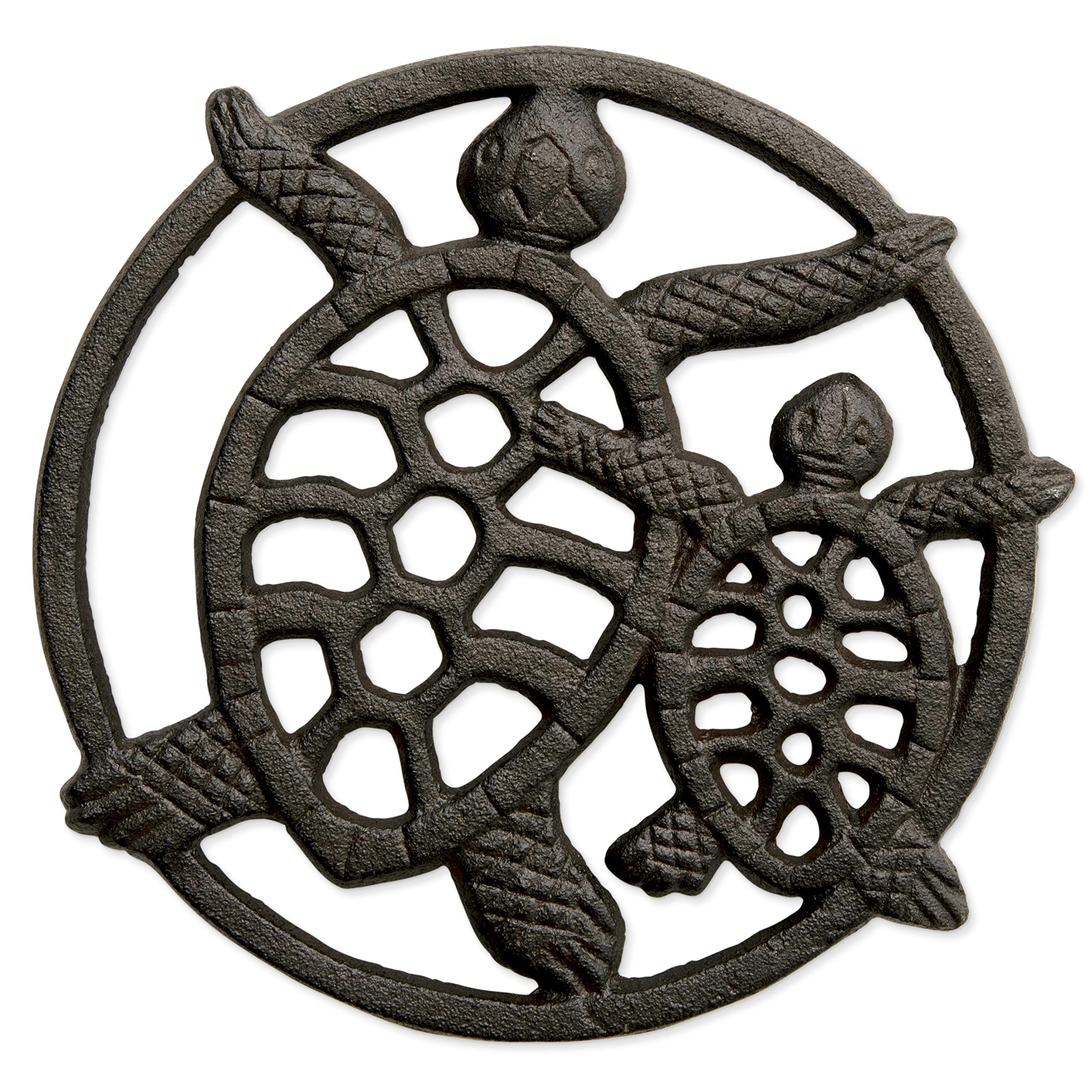 gasaré, Cast Iron Trivet for Pots, Pans, and Hot Dishes, Metal Trivet, Two Turtle Design, Rubber Feet Caps, Ring Hanger, 8.5 Inches, Brown, 1 Unit