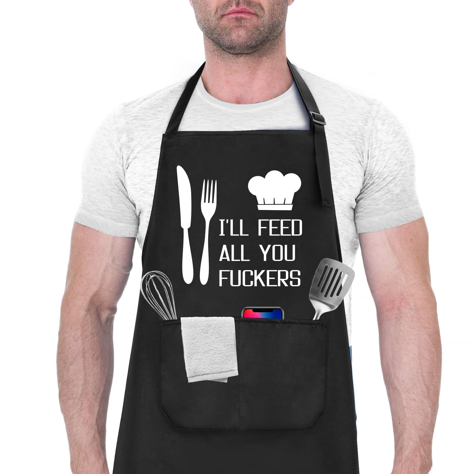 I'll Feed All You - Funny Apron for Men with 2 Pockets Christmas Gifts for Dad, Birthday Gifts for Men, Women, Boyfriend, Husband, Brother, Mom, Friend, BBQ Grilling Aprons for Men