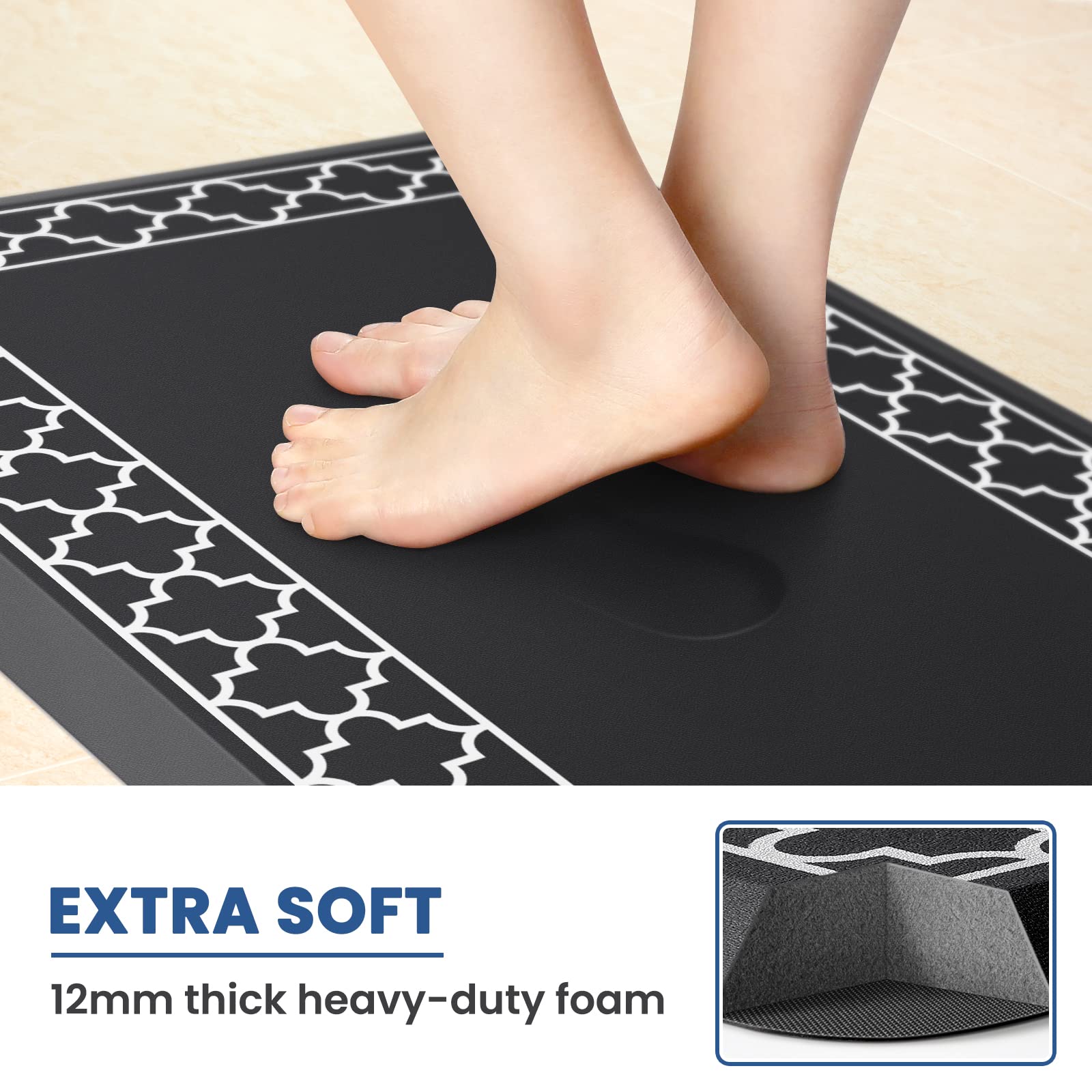 KitchenClouds Kitchen Mat Anti Fatigue Mat Cushioned Comfort Kitchen Rugs 17.3"x 60" Black Floor Mat Non-Slip Kitchen Rug Waterproof Rug Standing Desk Mat for Kitchen Floor, Home, Office, Laundry