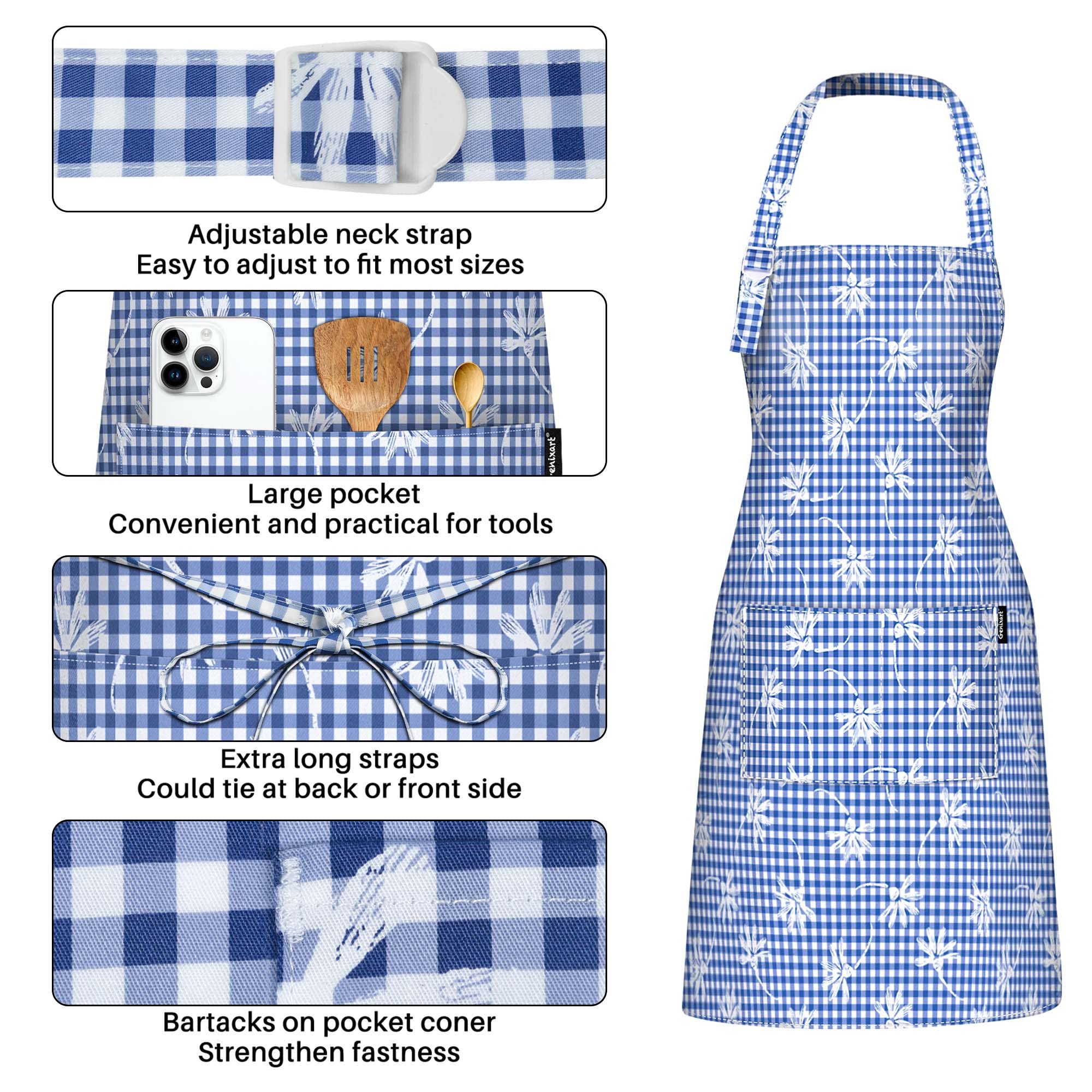 Genixart Kitchen Cooking Apron with Gift Box Pack, Adjustable Bib Chef Aprons in Large Size with Pockets for Women/Men, 100% Cotton Arts & Crafts Apron for Restaurant, Cafe, Shop (2pcs for Couples)