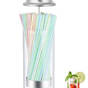 Worldity 1Pcs Plastic Straw Dispenser and 100Pcs Drinking Straw, Straw Holder with Stainless Steel Lid, Transparent Straw Dispenser for Pencils, Stir Sticks, Drinking Straw