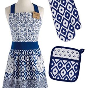 DII Kitchen Gift Set Collection, Apron, Pot Holder & Oven Mitt, Blue Market, 3 Piece