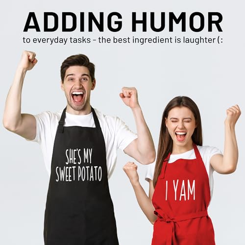 Witty Enterprise — Funny Couple Aprons (2 Pack) + Gift Bag — She’s My Sweet Potato, I Yam — For Girlfriend, Boyfriend, Friend — Birthday, Engagement, Anniversary, Wedding, Funny Gift Idea