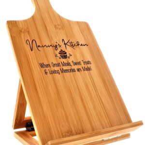 Nanny Recipe Cookbook Holder Stand Gift - Custom Engraved Bamboo Cutting Board Foldable Chef Easel Metal Hinges Kickstand iPad Tablet Compatible Christmas Birthday Kitchen Decor Design (7.25x13.5)