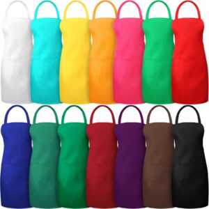 jiuguva 14 pcs plain bib aprons bulk mixed color commercial apron with 2 pockets cooking aprons for kitchen women men adult chef waiter restaurant bbq painting crafting