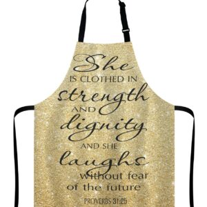 Lefolen Proverbs 31:25 Adjustable Bib Apron Bible Verse Gold Sparkles Glitter Pattern Print Cooking Kitchen Apron for Men Women