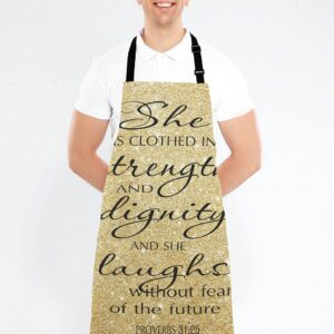 Lefolen Proverbs 31:25 Adjustable Bib Apron Bible Verse Gold Sparkles Glitter Pattern Print Cooking Kitchen Apron for Men Women