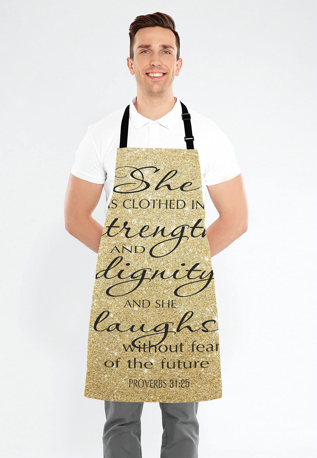 Lefolen Proverbs 31:25 Adjustable Bib Apron Bible Verse Gold Sparkles Glitter Pattern Print Cooking Kitchen Apron for Men Women