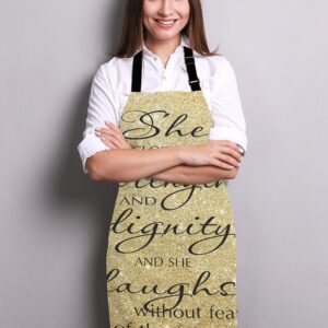 Lefolen Proverbs 31:25 Adjustable Bib Apron Bible Verse Gold Sparkles Glitter Pattern Print Cooking Kitchen Apron for Men Women