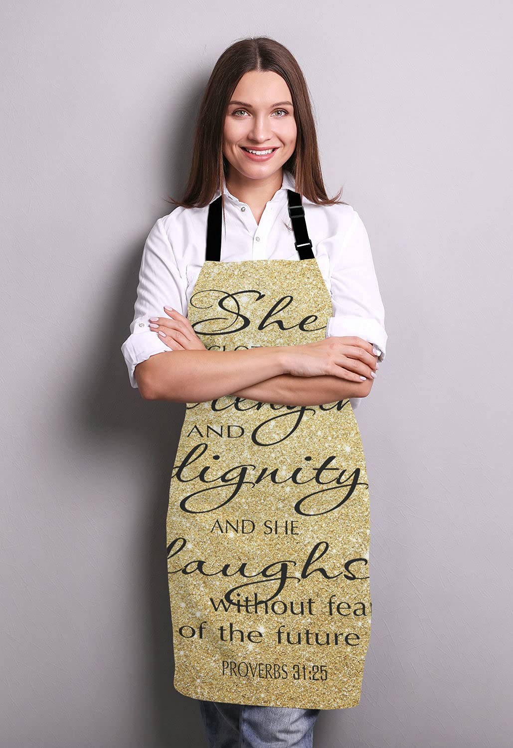 Lefolen Proverbs 31:25 Adjustable Bib Apron Bible Verse Gold Sparkles Glitter Pattern Print Cooking Kitchen Apron for Men Women