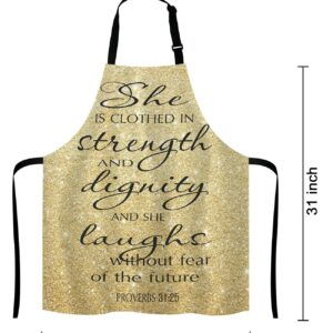 Lefolen Proverbs 31:25 Adjustable Bib Apron Bible Verse Gold Sparkles Glitter Pattern Print Cooking Kitchen Apron for Men Women