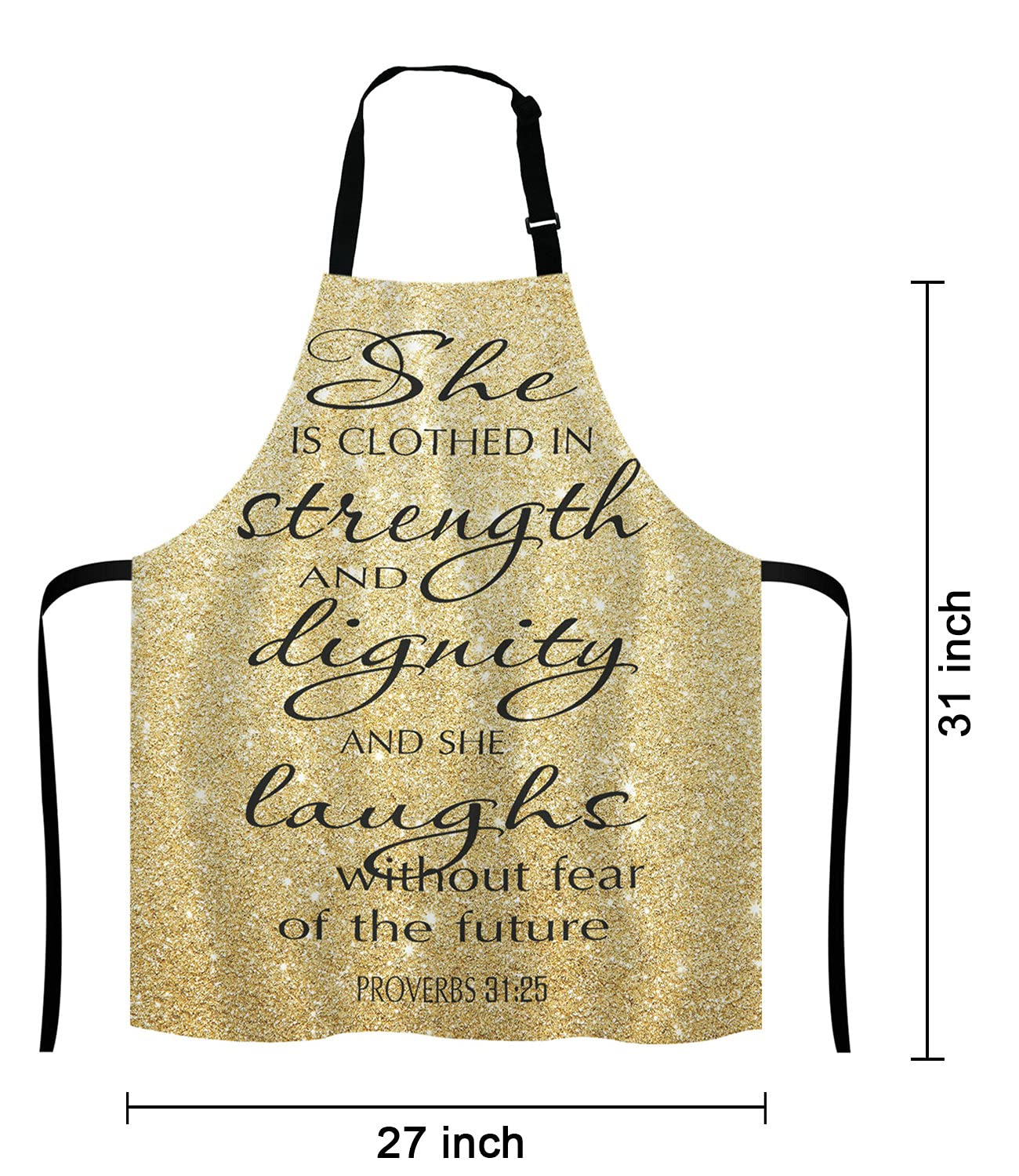 Lefolen Proverbs 31:25 Adjustable Bib Apron Bible Verse Gold Sparkles Glitter Pattern Print Cooking Kitchen Apron for Men Women