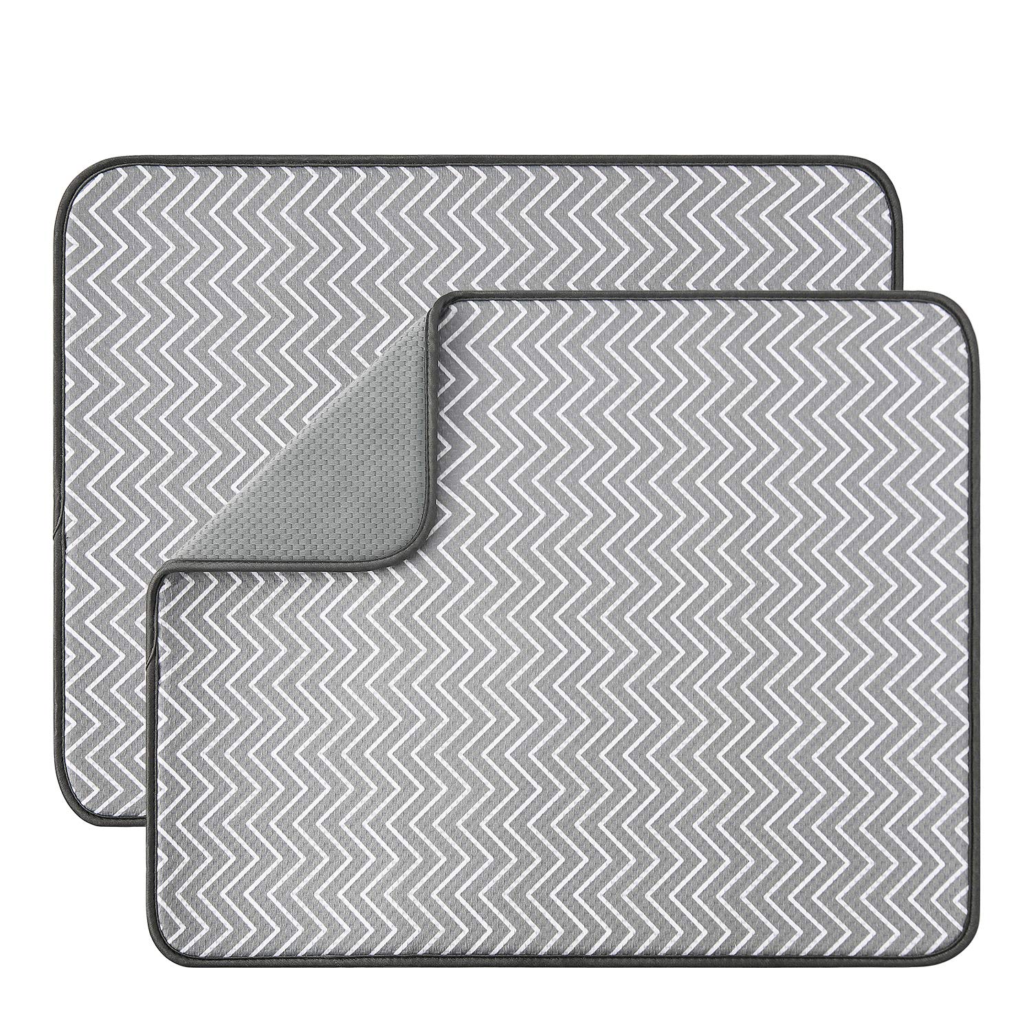 SUBEKYU Dish Drying Mat for Kitchen Counter, Microfiber Absorbent Dishes Drainer/Rack Pads under Sink, 19.6 by 16.1 inches, Set of 2, Grey, Ripple