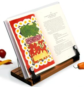 deluxe original cookbook holder - acrylic shield with wooden base and black hinges - made in the usa