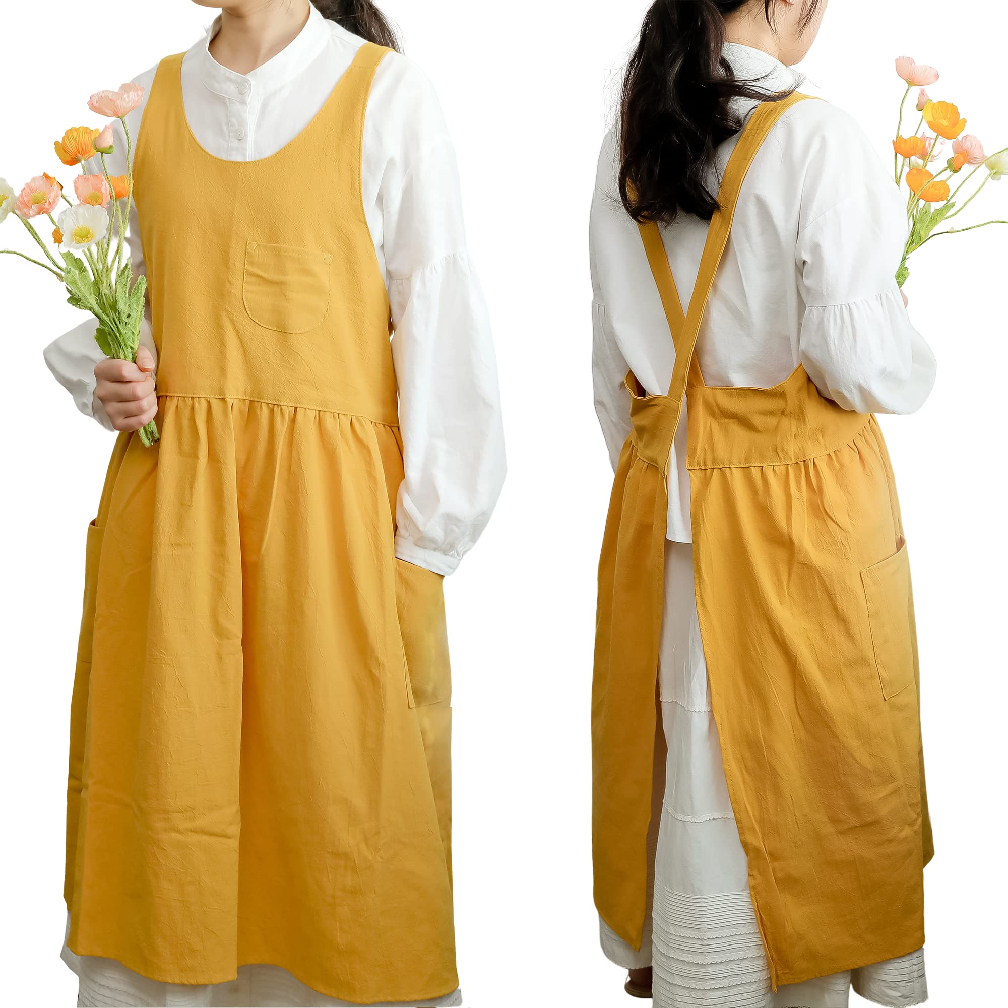 HANEE Cross Back Aprons for Women | Japanese Style Cotton Apron with Pockets | Cute Pinafore Smock for Gardening, Cooking, Painting, Cleaning and More (Yellow)