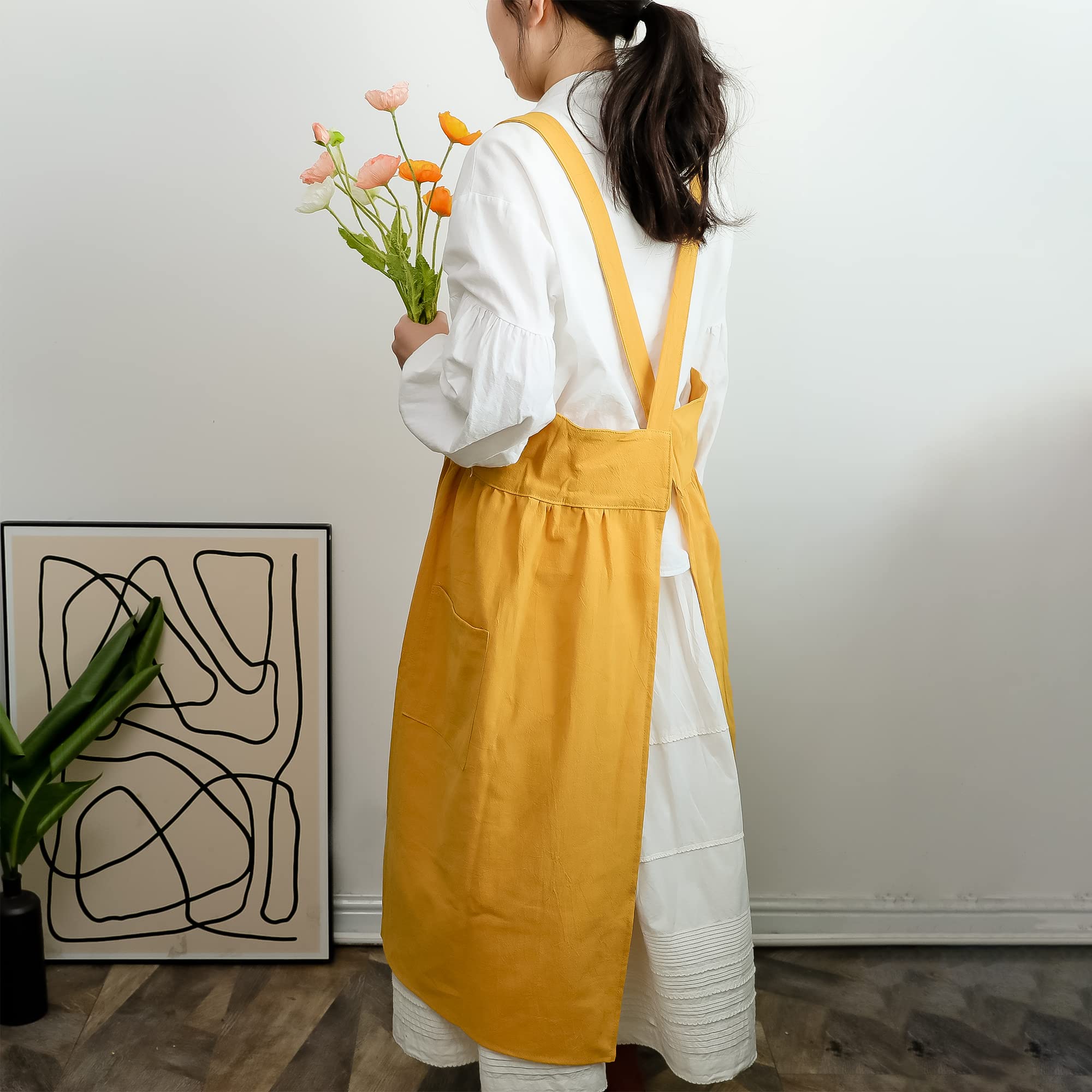 HANEE Cross Back Aprons for Women | Japanese Style Cotton Apron with Pockets | Cute Pinafore Smock for Gardening, Cooking, Painting, Cleaning and More (Yellow)