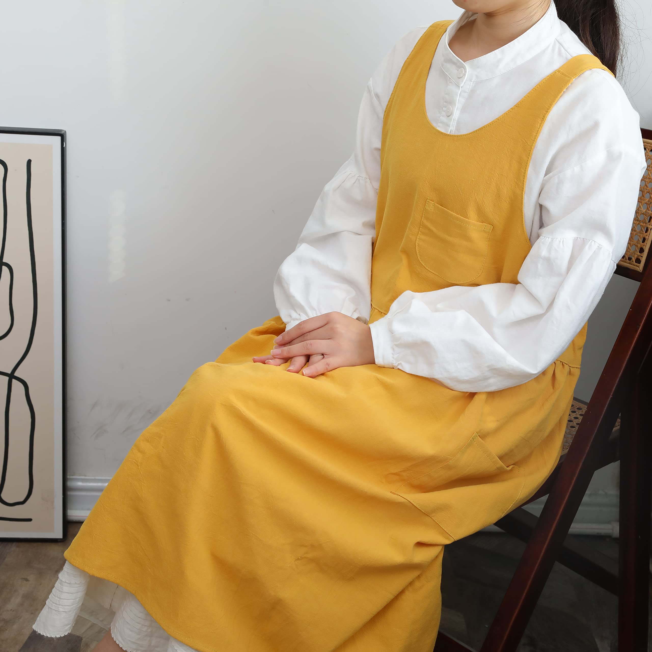 HANEE Cross Back Aprons for Women | Japanese Style Cotton Apron with Pockets | Cute Pinafore Smock for Gardening, Cooking, Painting, Cleaning and More (Yellow)