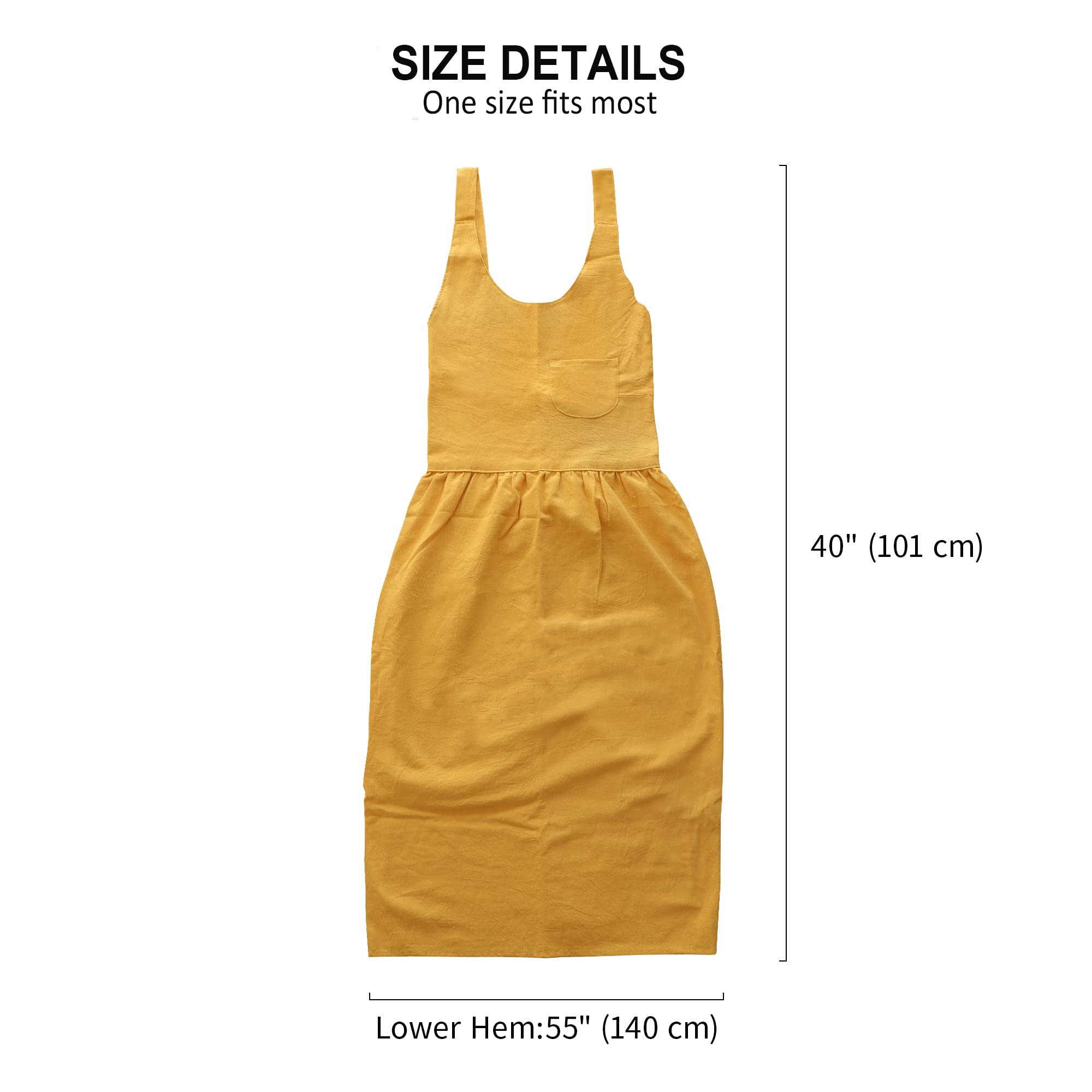 HANEE Cross Back Aprons for Women | Japanese Style Cotton Apron with Pockets | Cute Pinafore Smock for Gardening, Cooking, Painting, Cleaning and More (Yellow)