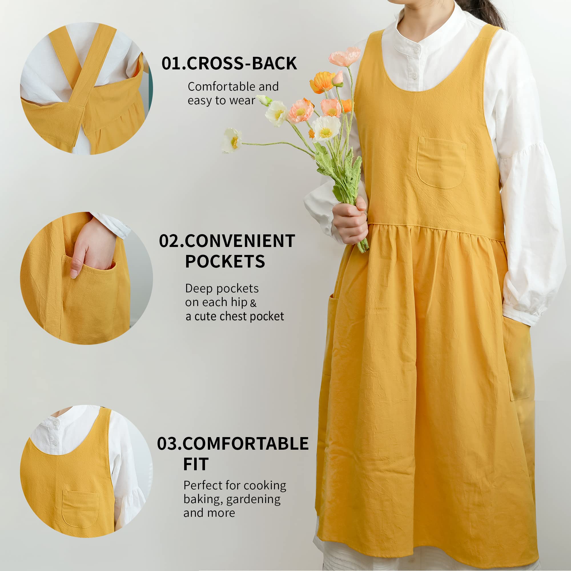 HANEE Cross Back Aprons for Women | Japanese Style Cotton Apron with Pockets | Cute Pinafore Smock for Gardening, Cooking, Painting, Cleaning and More (Yellow)