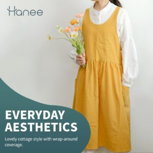 HANEE Cross Back Aprons for Women | Japanese Style Cotton Apron with Pockets | Cute Pinafore Smock for Gardening, Cooking, Painting, Cleaning and More (Yellow)