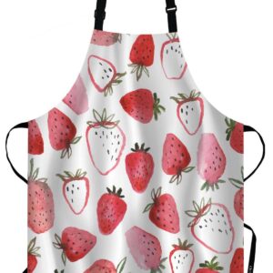 EKOBLA Strawberry Aprons Abstract Watercolor Hand Drawn Beautiful Fruit Fresh Sweet Spring Waterproof Resistant Chef Cooking Kitchen BBQ Adjustable Aprons for Women Men 27x31 Inch