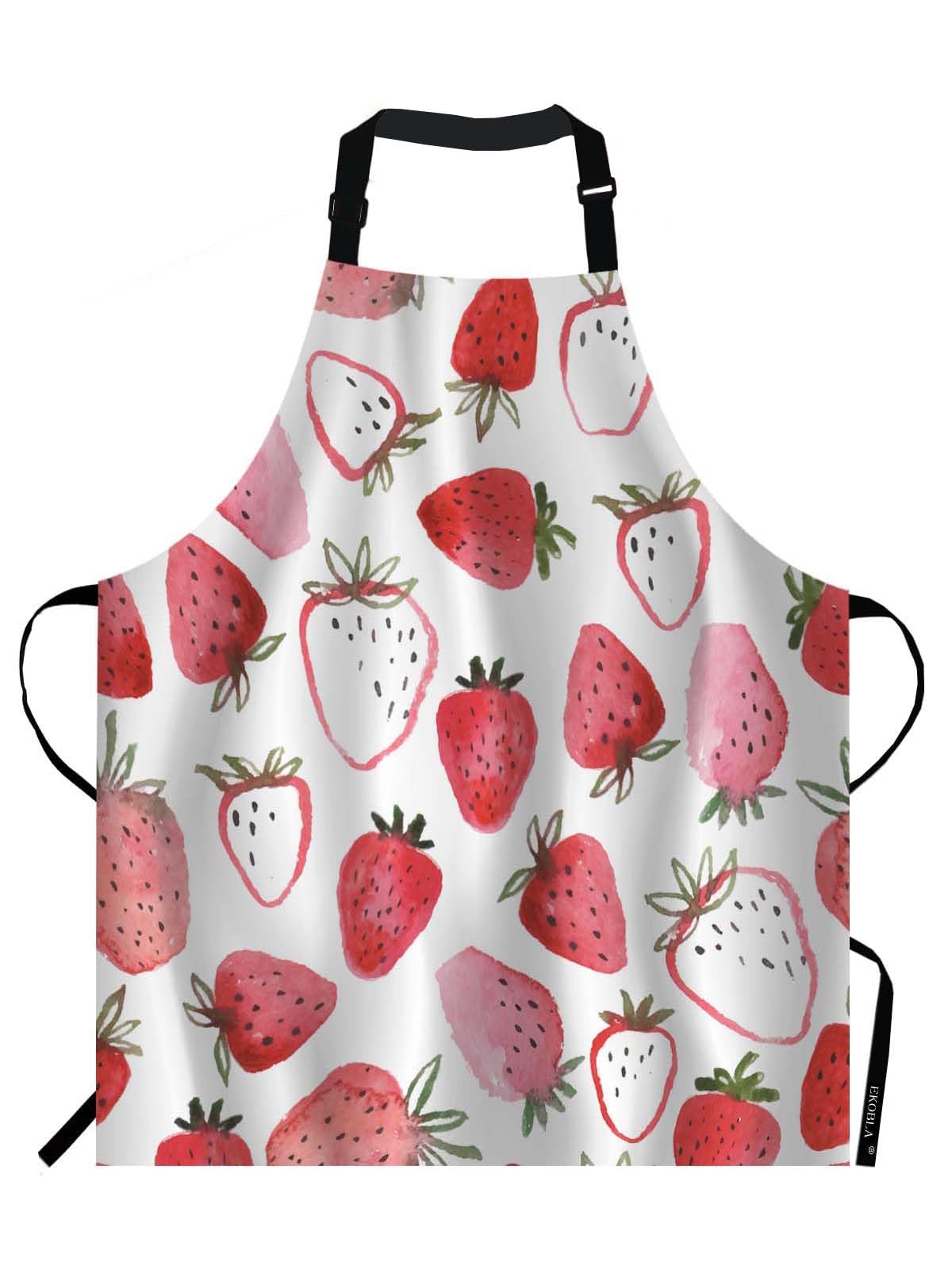 EKOBLA Strawberry Aprons Abstract Watercolor Hand Drawn Beautiful Fruit Fresh Sweet Spring Waterproof Resistant Chef Cooking Kitchen BBQ Adjustable Aprons for Women Men 27x31 Inch