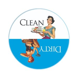 aloha girls gifts big 3.5” dirty clean dishwasher magnet ends common kitchen problem. adheres to any surface. blue and white.