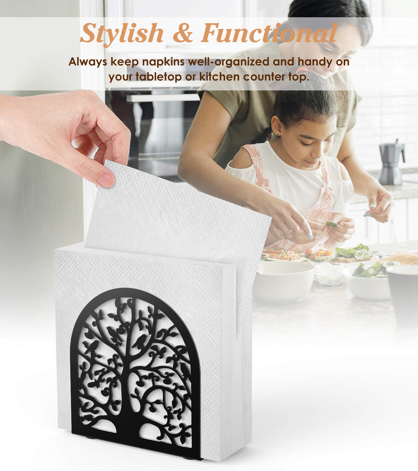 Nuovoware Napkin Holder, Standing Napkin Holder for Tables, Tree & Bird Design Table Napkin Holder, Metal Tabletop Paper Napkin Organizer, Tissue Dispenser for Kitchen Dining - Black