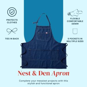 Nest & Den Denim 5 Pocket Apron for Hair Stylists, Artists, Chefs, Gardeners - Unisex for Women and Men - Blue Denim