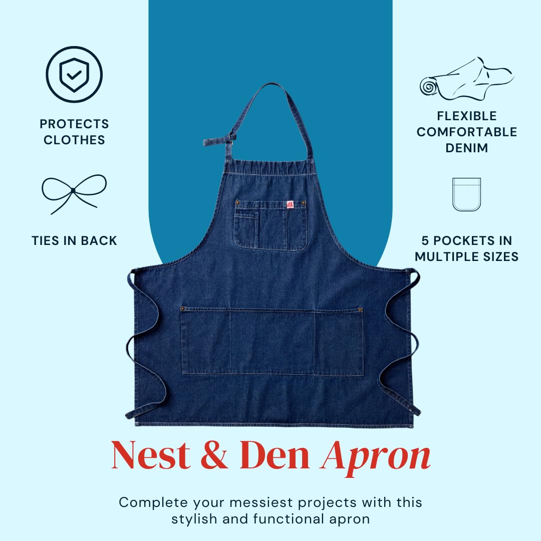 Nest & Den Denim 5 Pocket Apron for Hair Stylists, Artists, Chefs, Gardeners - Unisex for Women and Men - Blue Denim