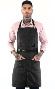 under ny sky no-tie panther black apron – coated twill with leather reinforcement, split-leg, adjustable for men and women – pro barber, tattoo, barista, bartender, hair stylist, server aprons