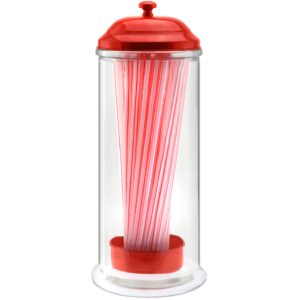 straw dispenser with stainless steel lid | glass red straw holder for counter with lid | drinking straw dispensers | straw container | holds straws up to 8.5 inches, red