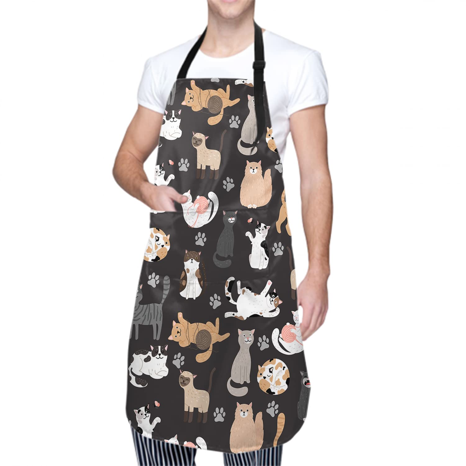 Sweetshow Funny Black Cat Apron with 2 Pockets and Adjustable Neck Waterproof Stain Resistant Cooking Kitchen Bib Aprons for Adults Women Men Kitchen Cooking Baking Bistro Chef