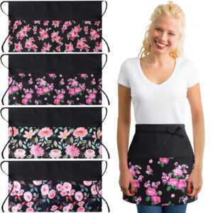 handepo 4 pack teachers waist aprons for women waist length aprons with pockets design adjustable waist tie half apron for kitchen garden work