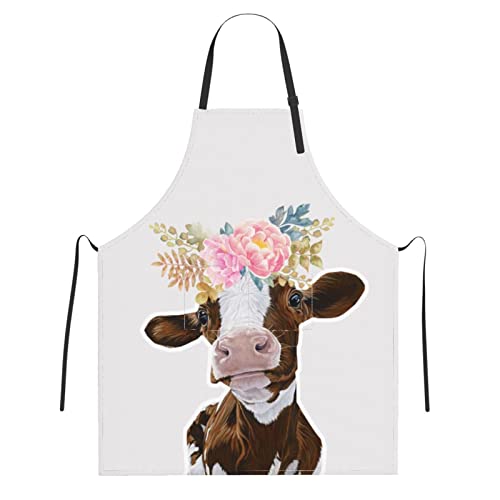 SUCUWINY Cow Apron Waterproof Chef Kitchen Fun Cow Print Apron White Apron with 2 Pockets Funny Aprons for Adults Cooking BBQ Aprons Baking Gifts