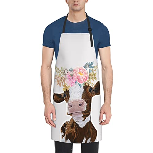 SUCUWINY Cow Apron Waterproof Chef Kitchen Fun Cow Print Apron White Apron with 2 Pockets Funny Aprons for Adults Cooking BBQ Aprons Baking Gifts