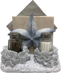 world of wonders "under the seasoning" ocean harmony series elegant starfish napkin holder salt and pepper (3 piece set) | beach house shabby chic sea life marine nautical home decor accent - 6.5"