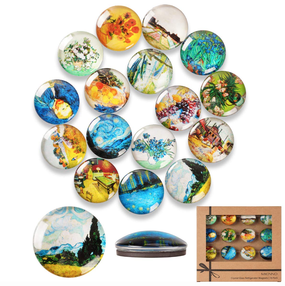 Mienno 16 Pack Van Gogh Refrigerator Magnets, Crystal Glass Magnets, Van Gogh Decorative Fridge Magnets, Homewarming Gift, Home Decoration Gift with Gift Packaging Box  (Kraft Gift Box)